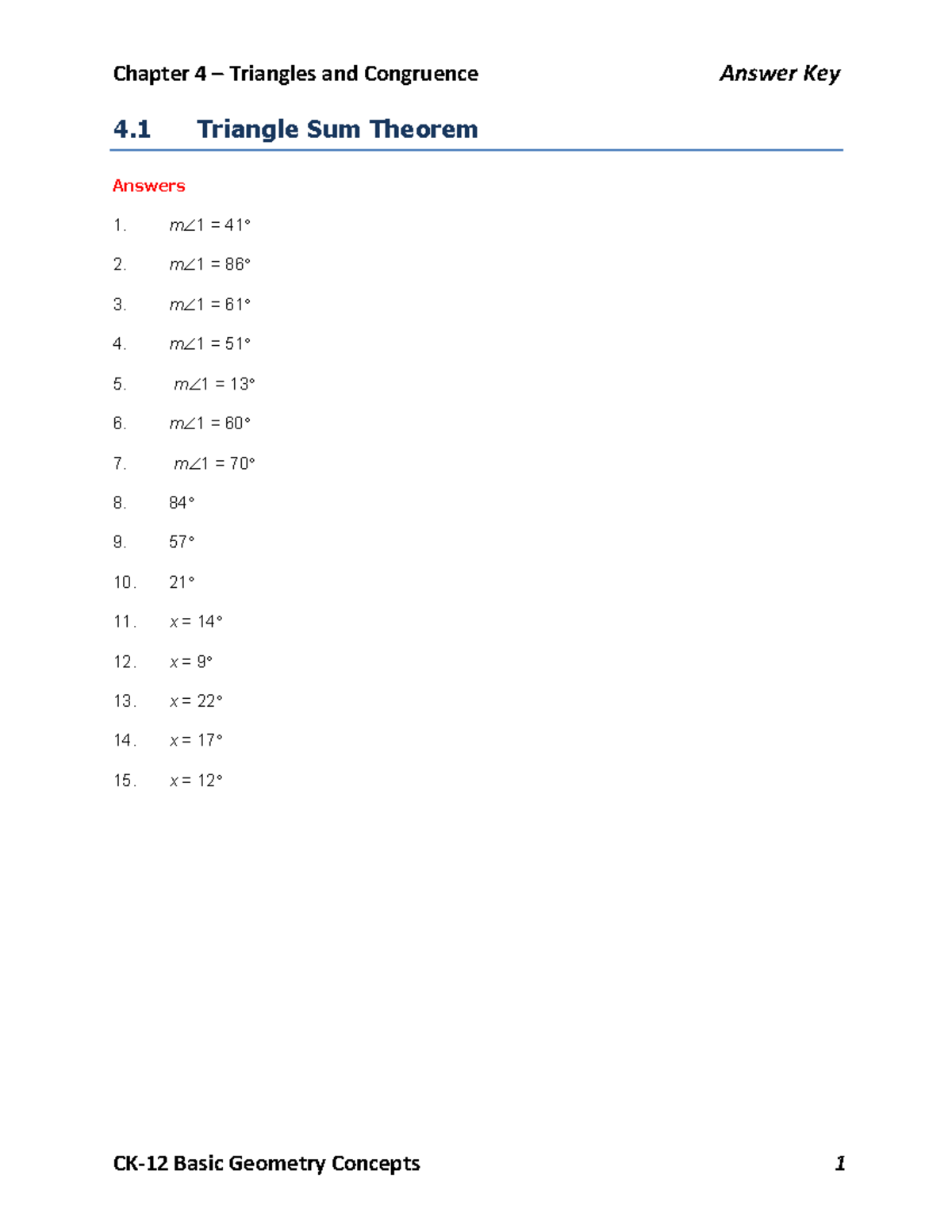 Answer Key CK-12 Chapter 04 Basic Geometry Concepts - 4 Triangle Sum ...