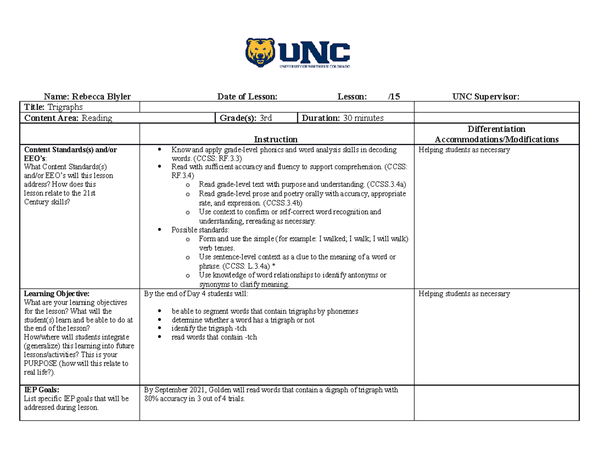 Case study part 3 lesson plan 4 - Name: Rebecca Blyler Date of Lesson ...