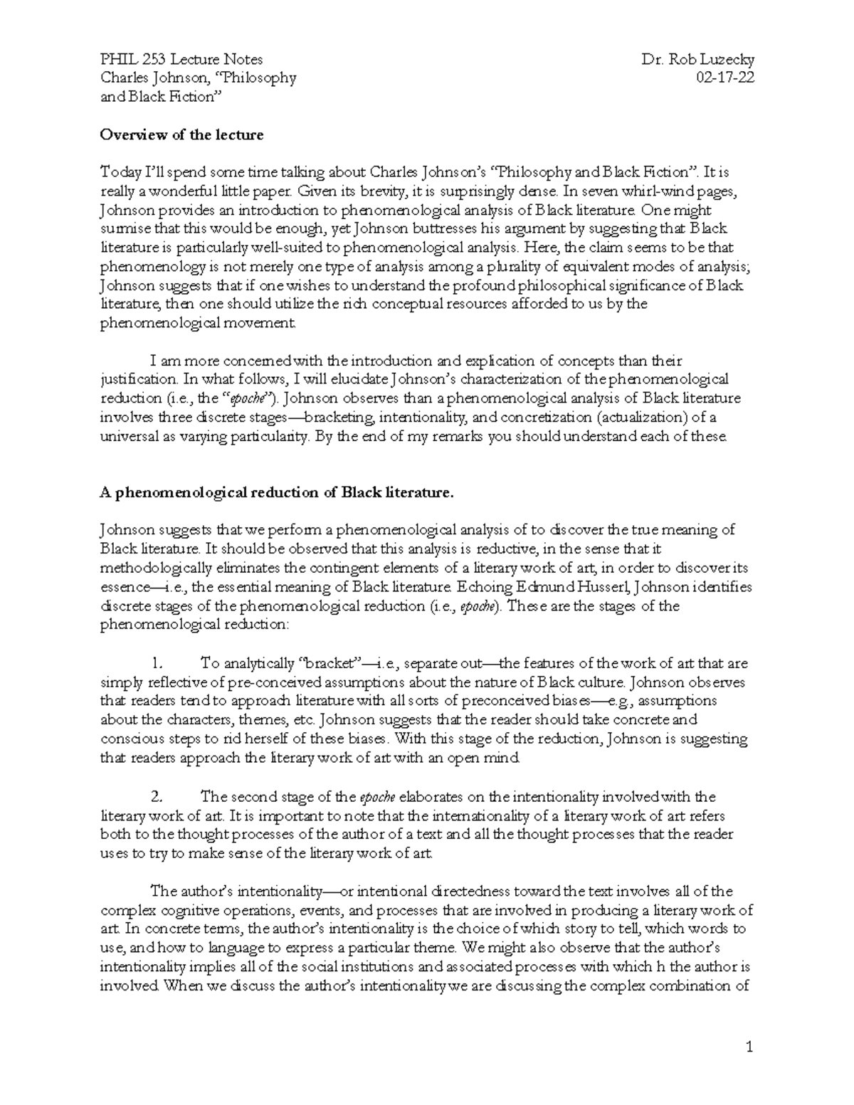 PHIL 253 Lecture Charles Johnson Philosophy and Black Fiction 02-17-22 ...