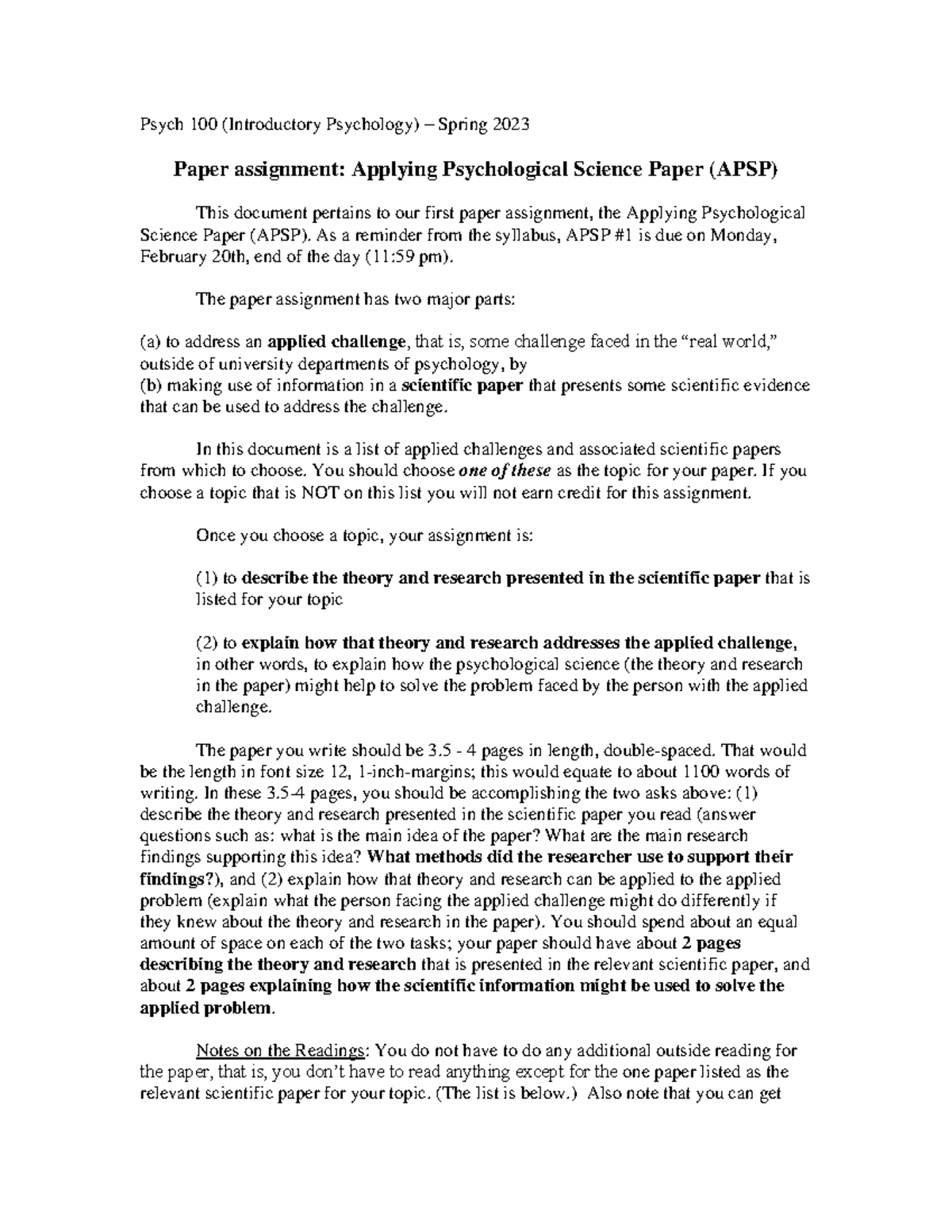 APSP1 topics Spring 2023 - Psych 100 (Introductory Psychology) – Spring ...