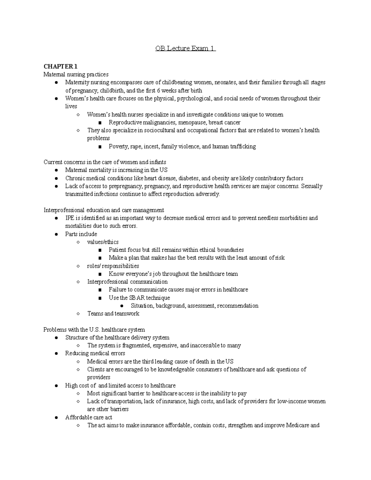 OB Lecture Exam 1 - study guide - OB Lecture Exam 1 CHAPTER 1 Maternal ...