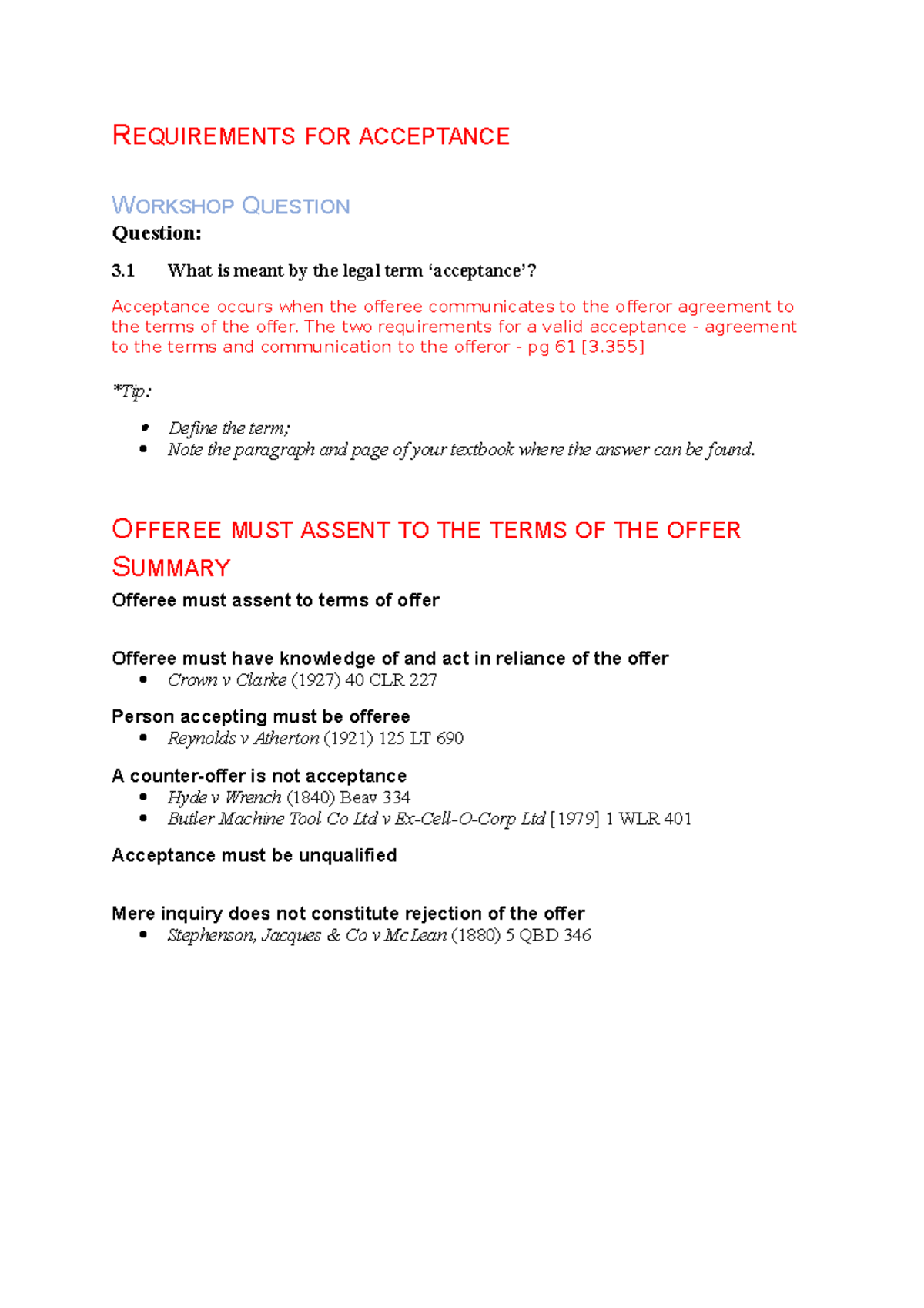 Contracts 1 Worshop Questions Week 3 - REQUIREMENTS FOR ACCEPTANCE ...