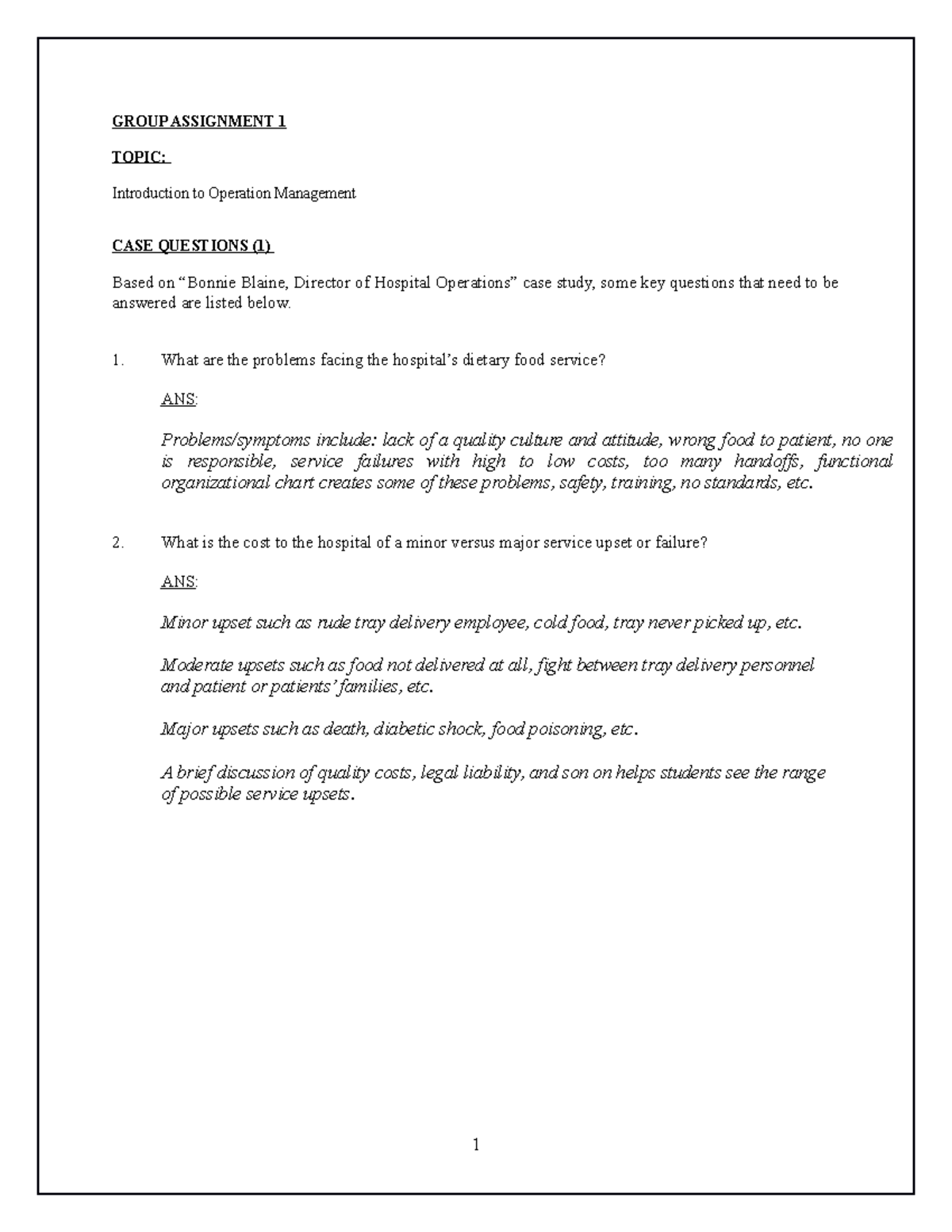 Introduction to Operation Management - GROUP ASSIGNMENT 1 TOPIC ...