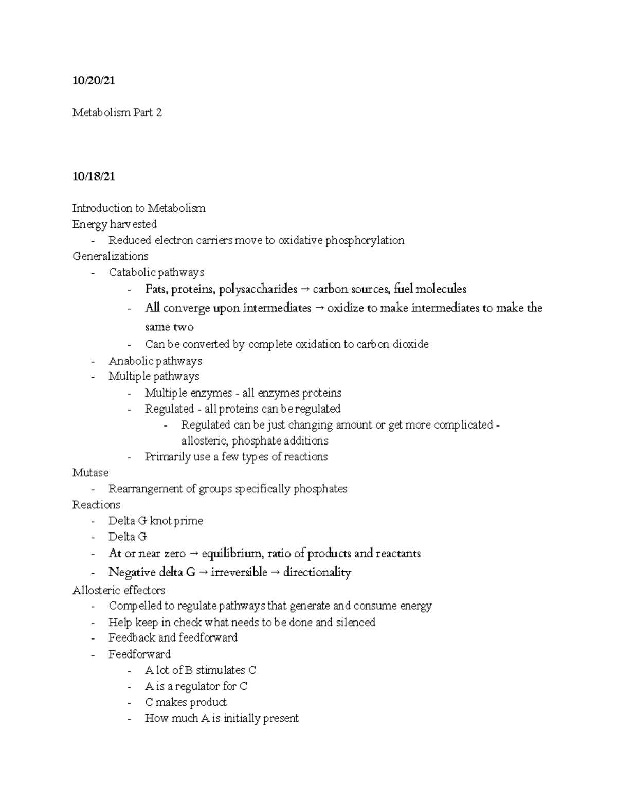 Biochem Class Notes 11-15 - 10/20/ Metabolism Part 2 10/18 ...
