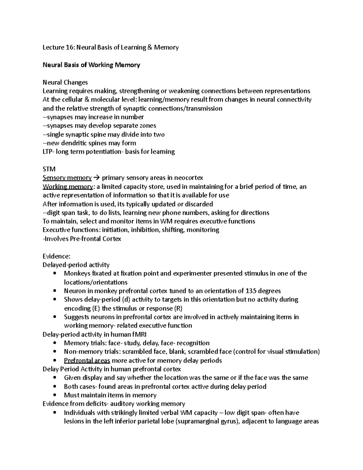 Lecture 16 - Lecture 16: Neural Basis of Learning & Memory Neural Basis of Working Memory Neural ...