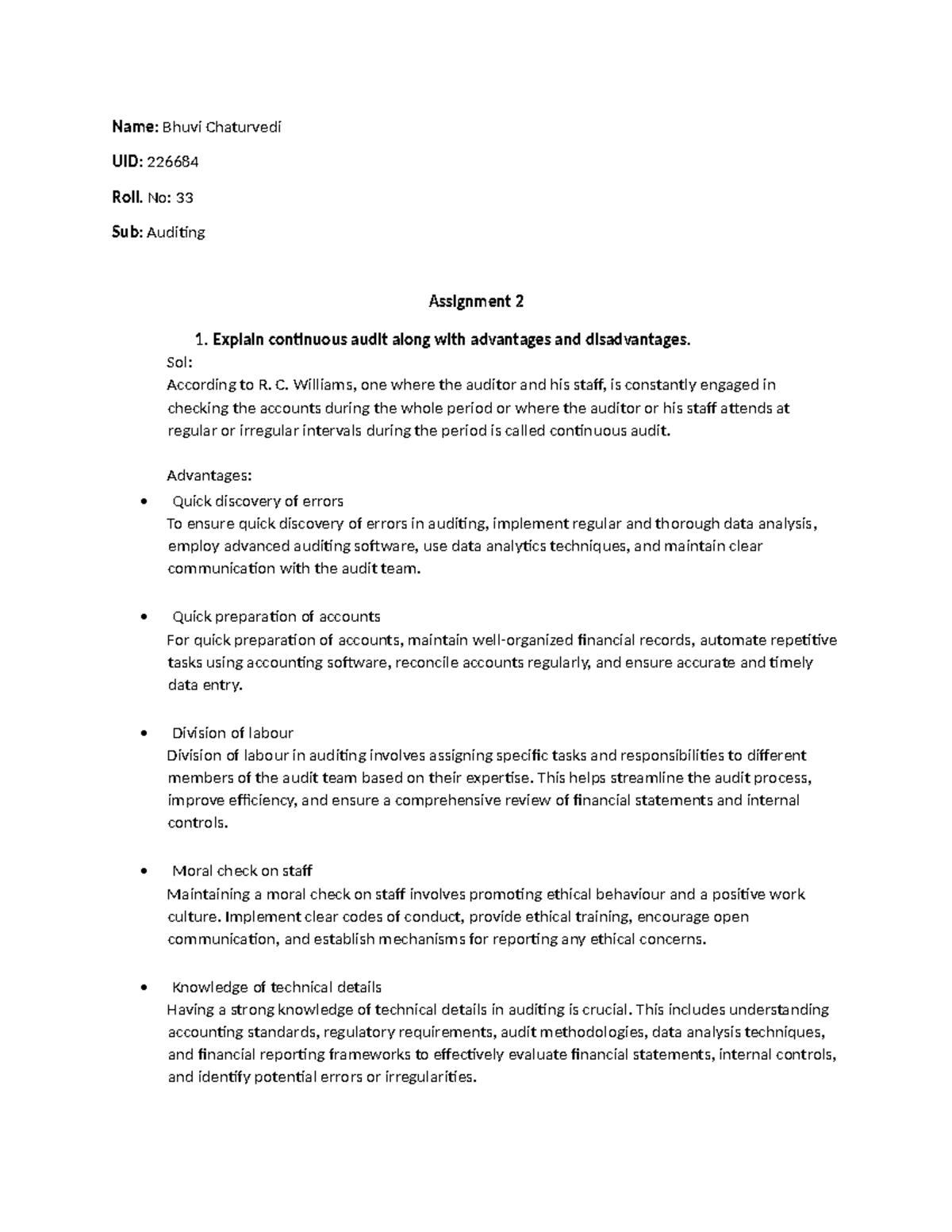 Auditing assignment 2 - Name: Bhuvi Chaturvedi UID: 226684 Roll. No: 33 ...