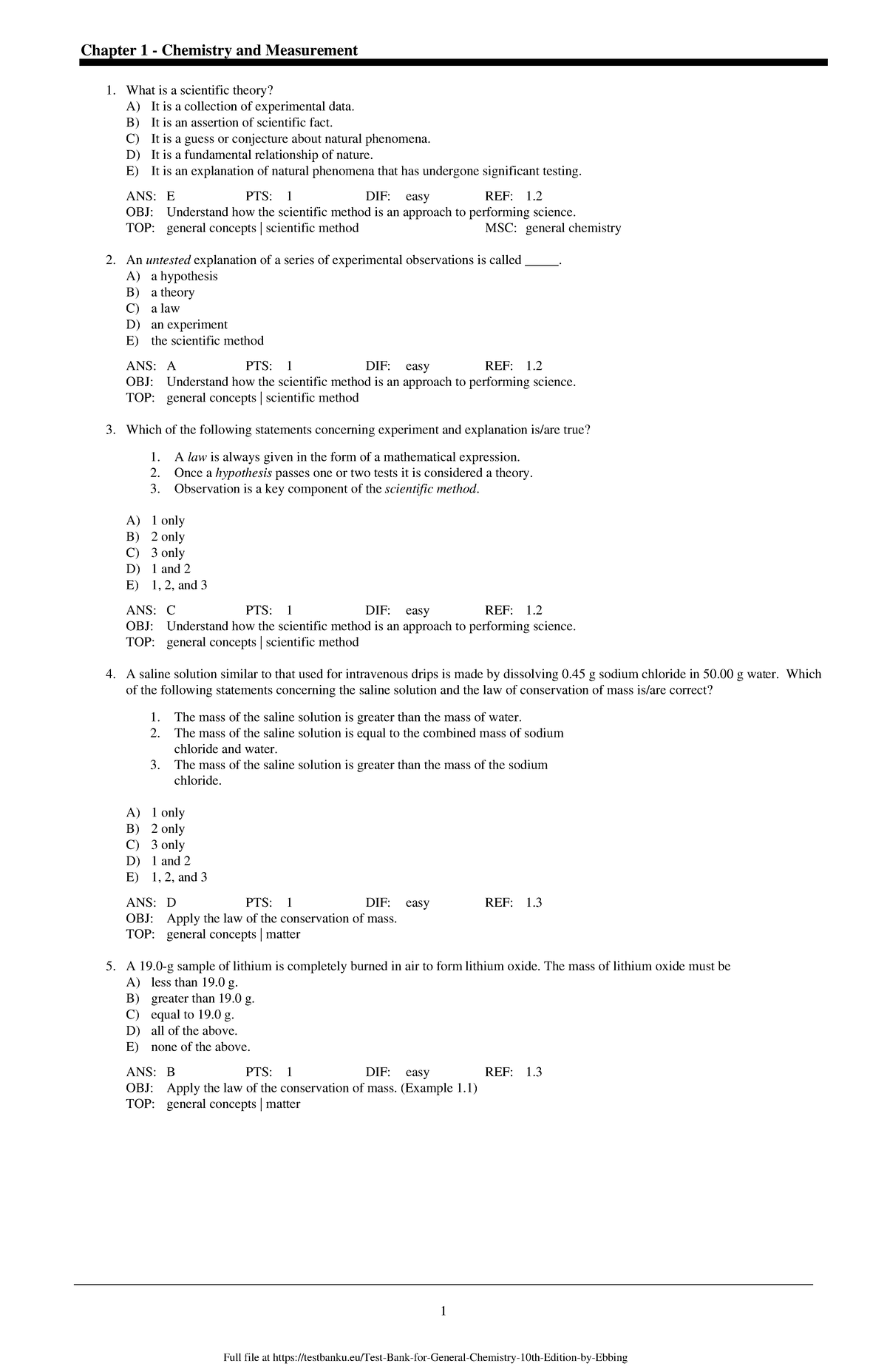Chapter 1 - Testbank - 1 Chapter 1 - Chemistry and Measurement What is ...