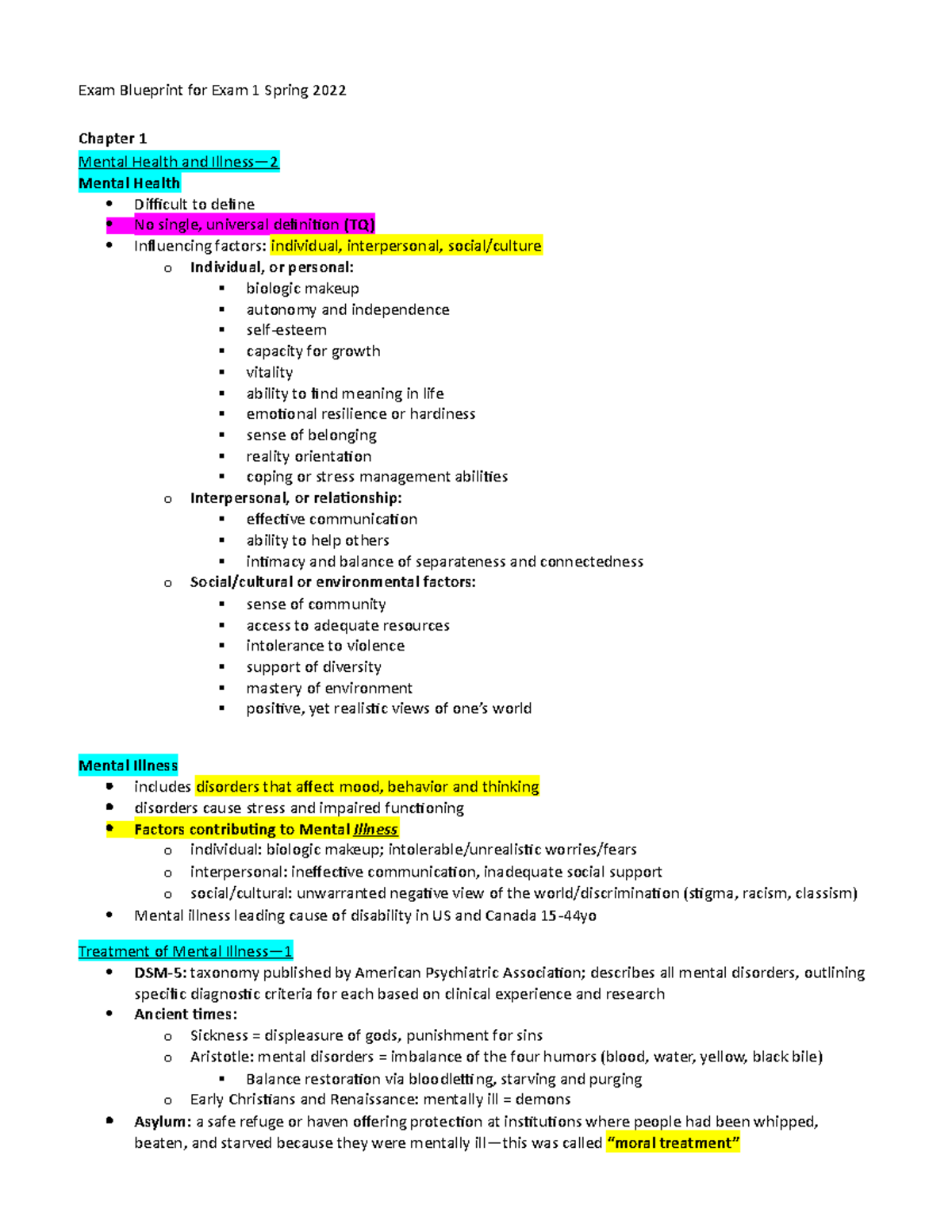 Mental Exam 1 Blueprint - Exam Blueprint for Exam 1 Spring 2022 Chapter ...