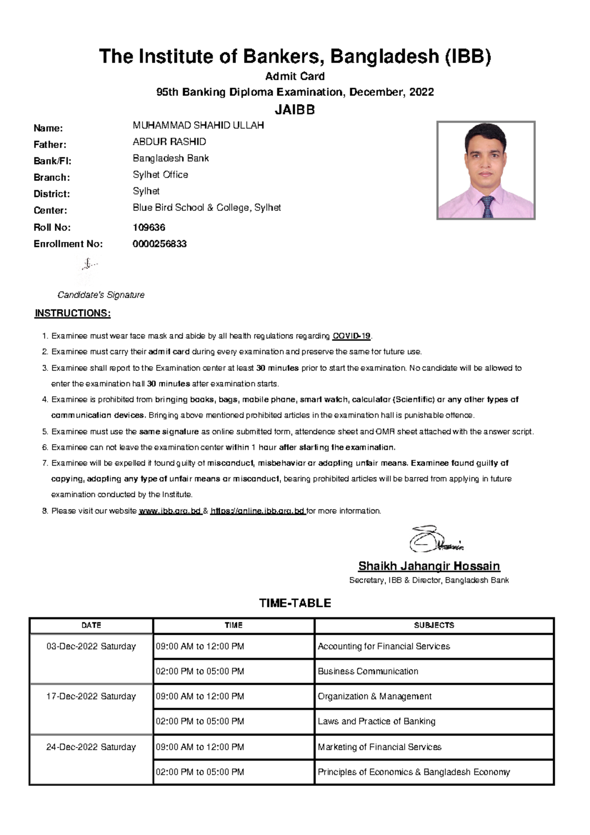 95 109636 Admit Card - Study - The Institute of Bankers, Bangladesh ...
