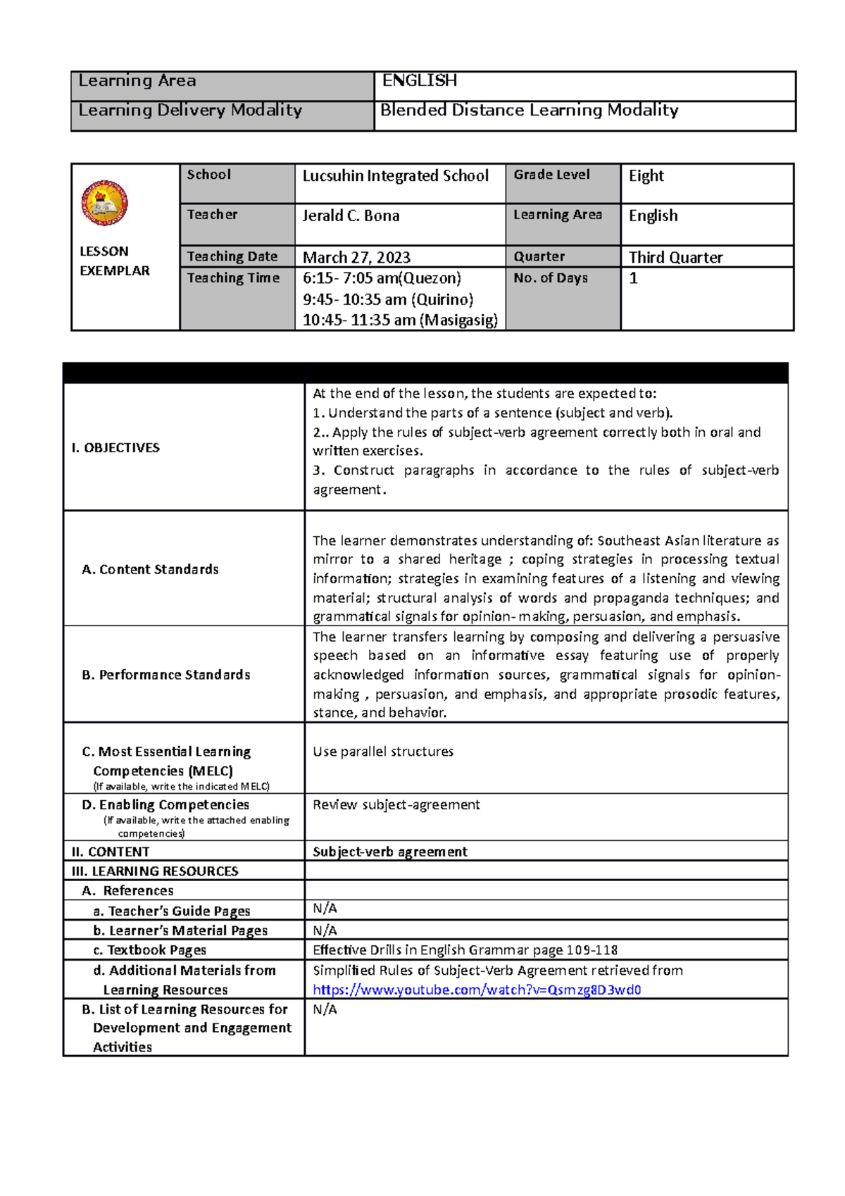 DLP-Week 7 (Day 1) - Subject-Verb Agreement - Learning Area ENGLISH ...