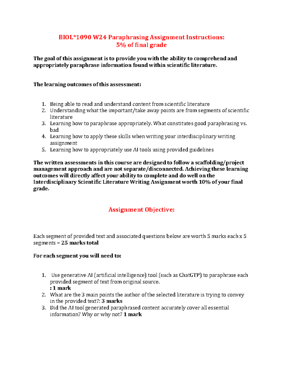 BIOL1090 W24 Paraphrasing Assignment Instructions- BIOL*1090 W 24 Paraphrasing Assignment - Studocu