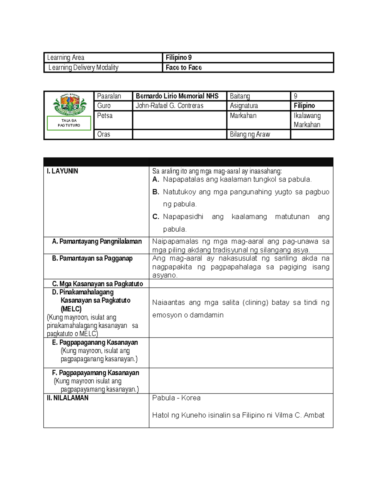 Pabula 9 DAY 1 - Learning Area Filipino 9 Learning Delivery Modality ...