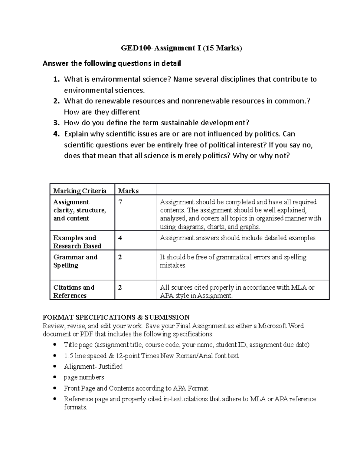 Assignment 1-GED100 - i is a set of questions - GED100-Assignment I (15 Marks) Answer the ...