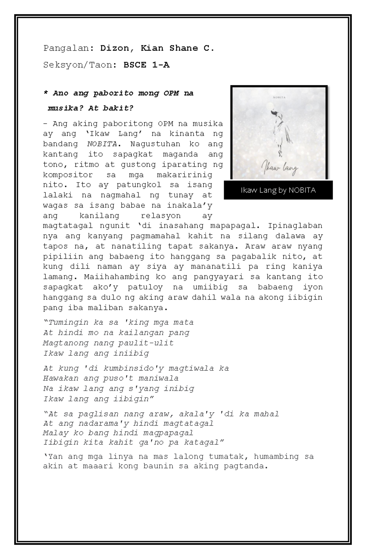 Dizon, Kian Shane C. (OPM) - Pangalan: Dizon, Kian Shane C. Seksyon ...