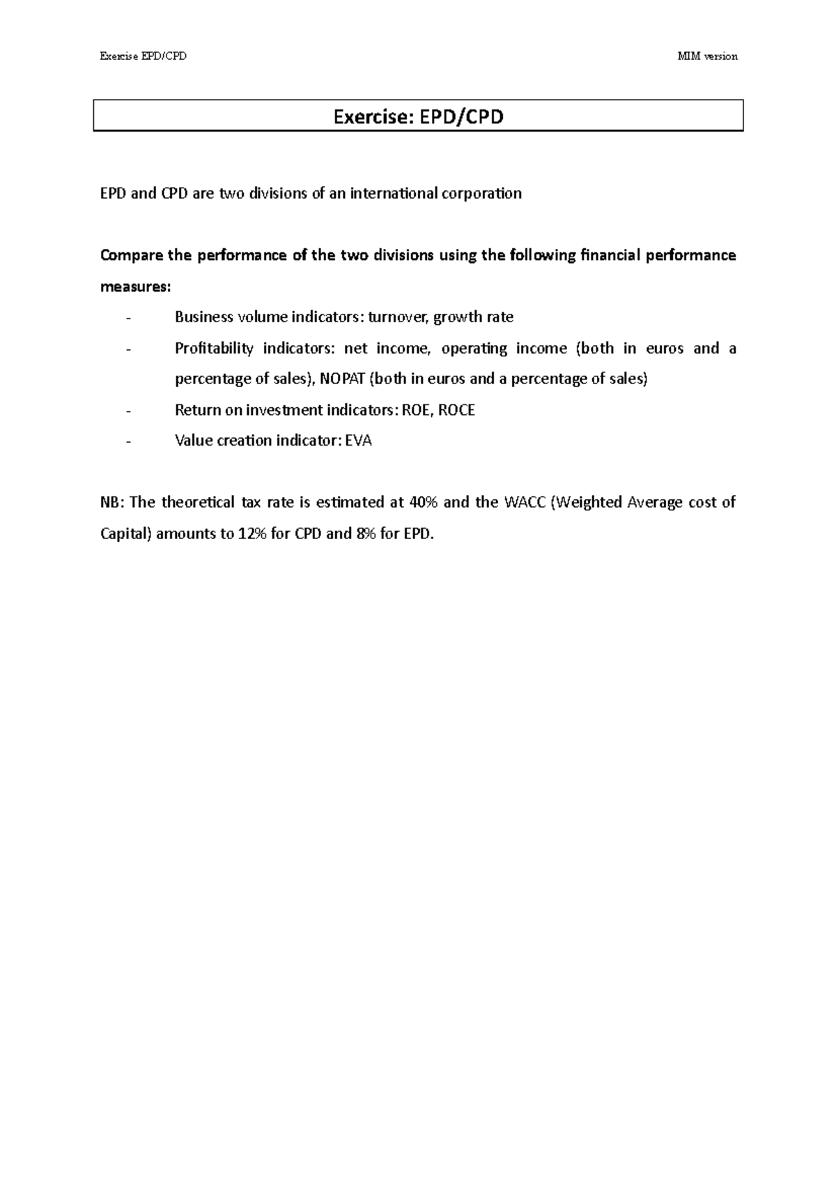 The EDP case study - exercises on management control - financial ...