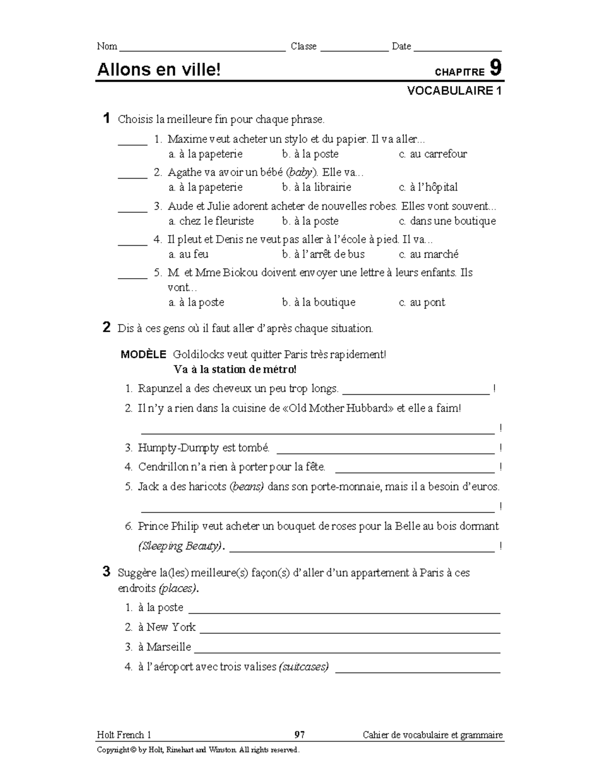 Bl18l1se c09 cvg - Allons en ville! CHAPITRE 9 VOCABULAIRE 1 1 Choisis ...