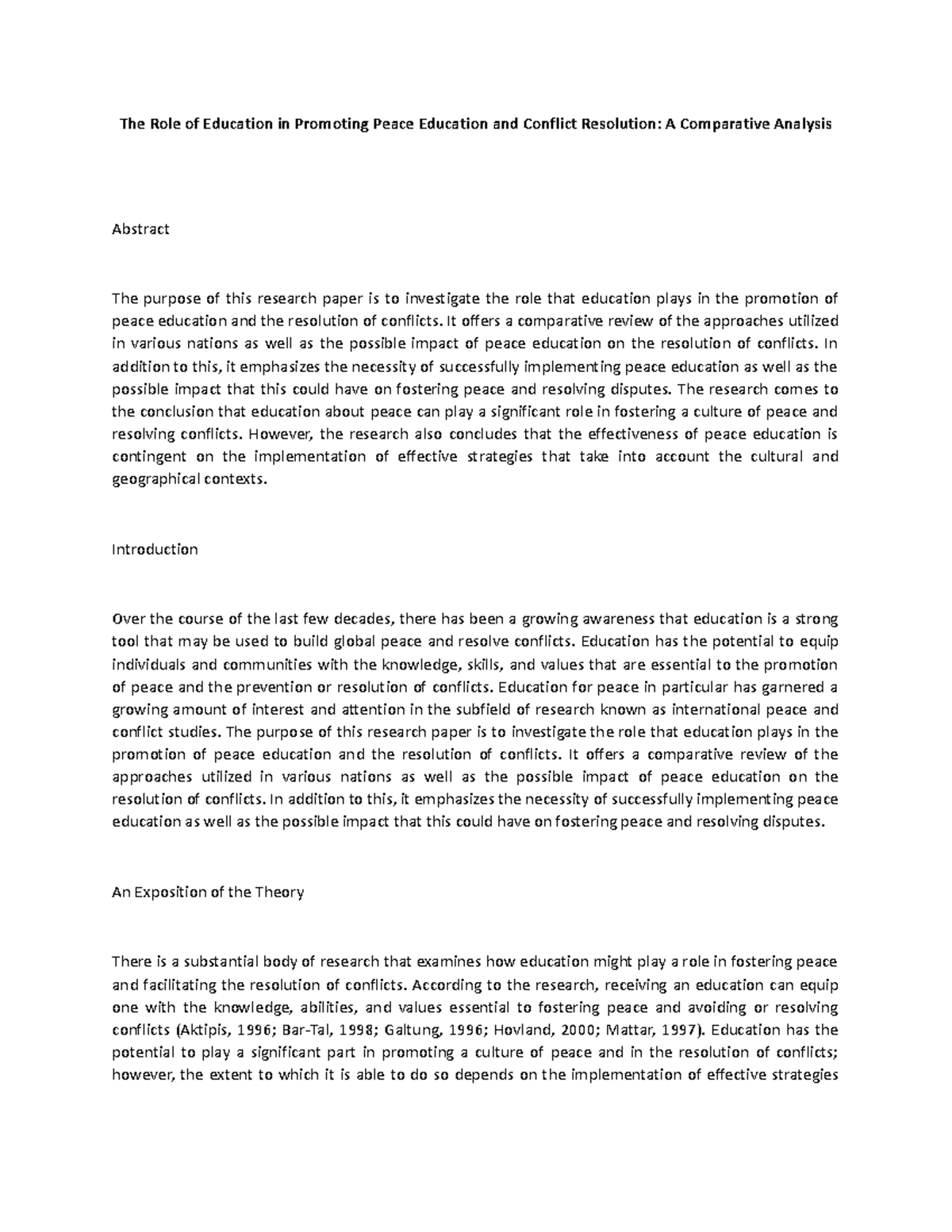 The Role of Education in Promoting Peace Education and Conflict ...