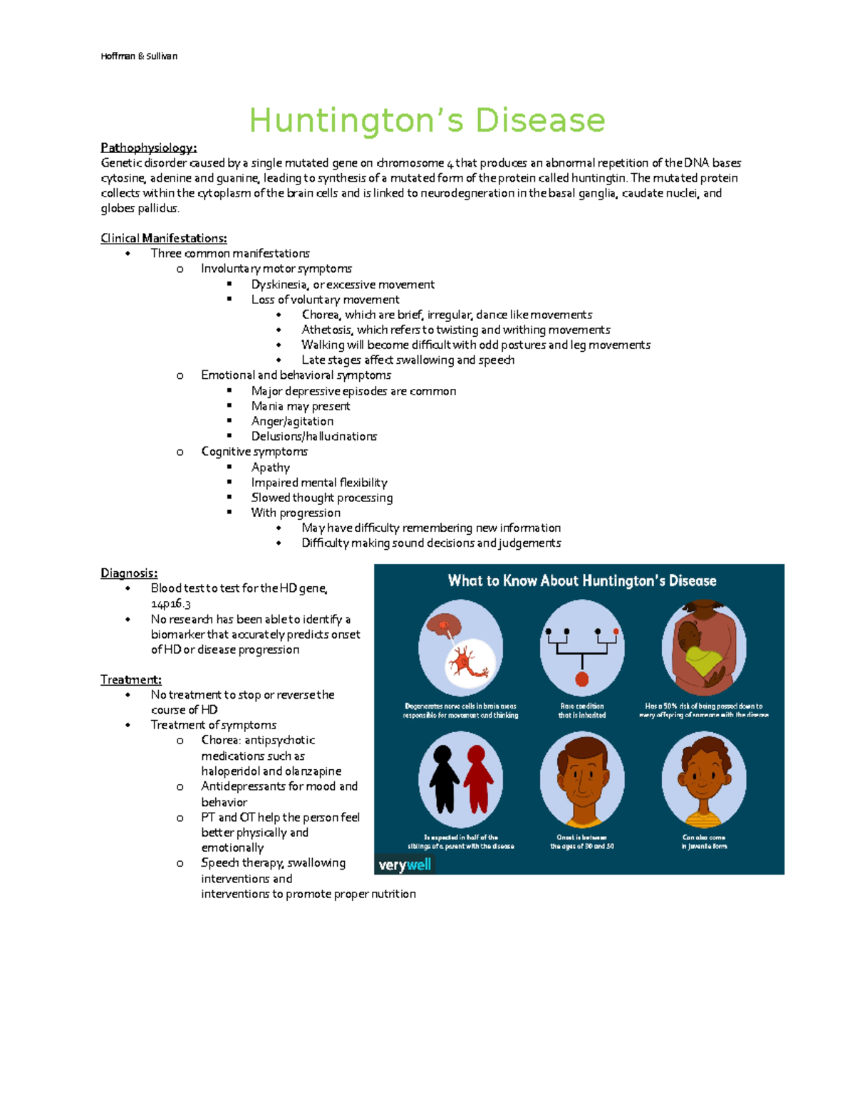 Huntington’s Disease - Patho sheet - NUR 255 - Midlands Tech - Studocu