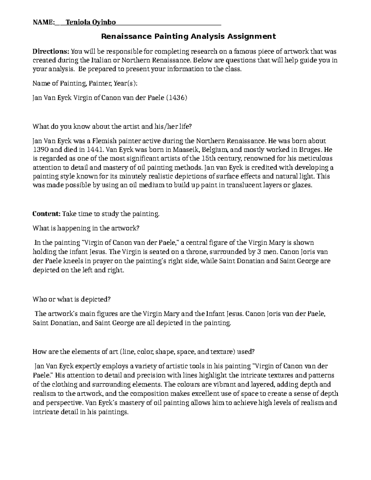 Painting analysis worksheet - NAME:Teniola Oyinbo ...