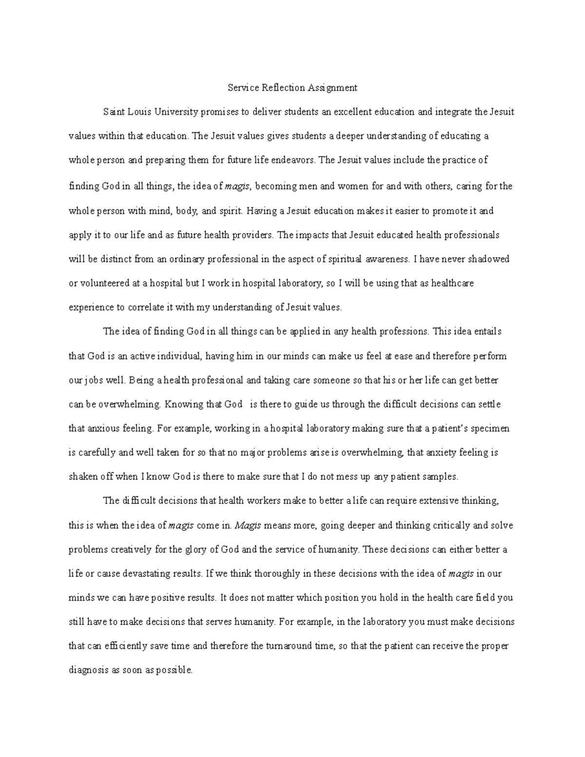 Jesuit values - reflection assignment - Service Reflection Assignment ...