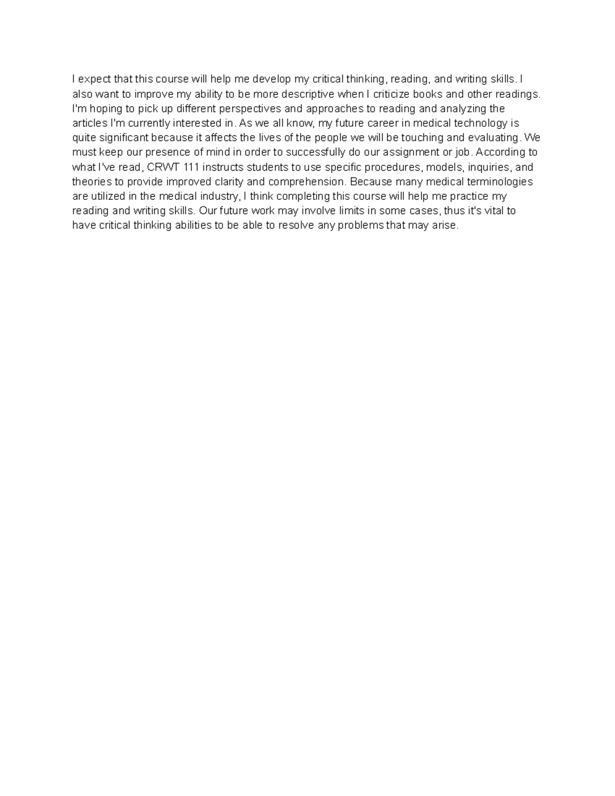 CRWT - Discussion Board - I expect that this course will help me ...