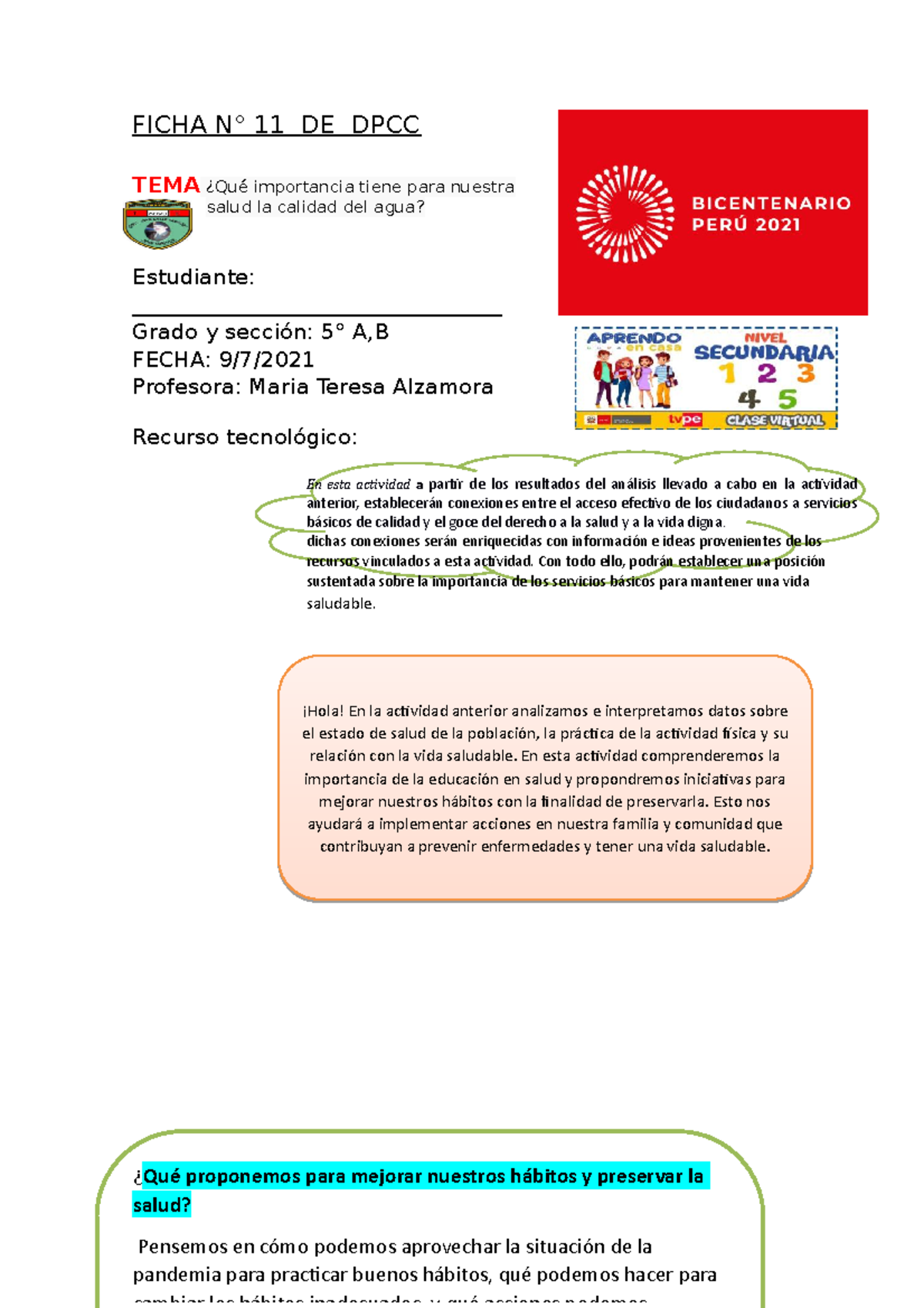 Ficha DE DPCC -N° 11 de 5° - FICHA N° 11 DE DPCC TEMA ¿Qué importancia tiene para nuestra salud ...