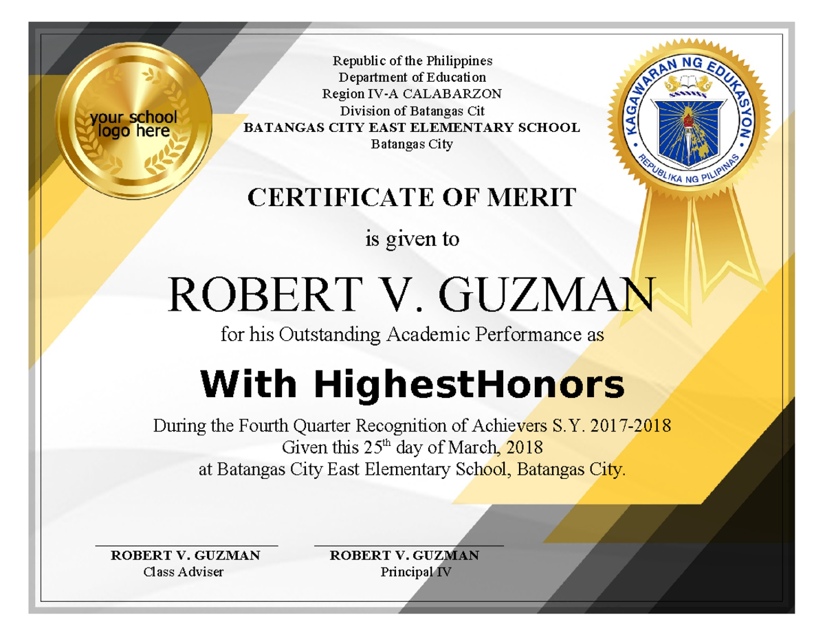 Award Certificates Templates by Sir Tristan Asisi - Republic of the ...