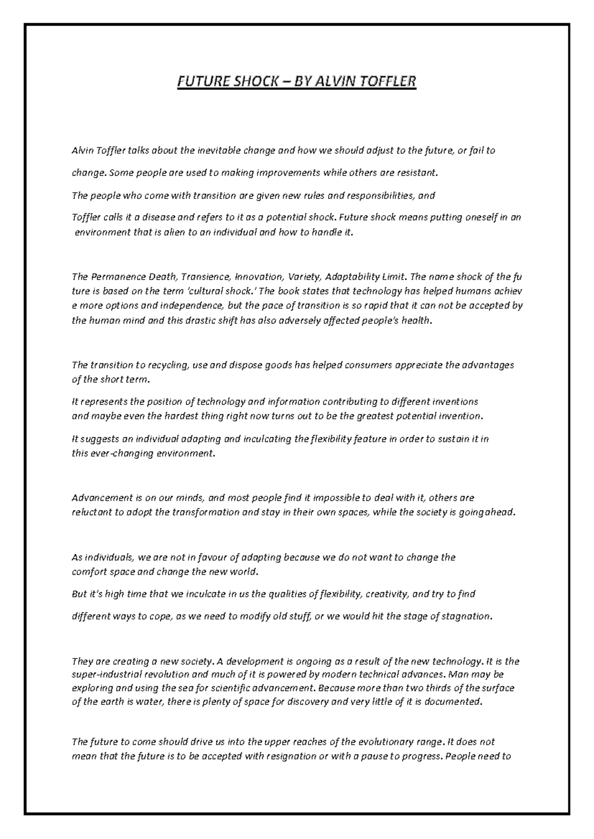 Future Shock Summary - Alvin Toffler talks about the inevitable change ...