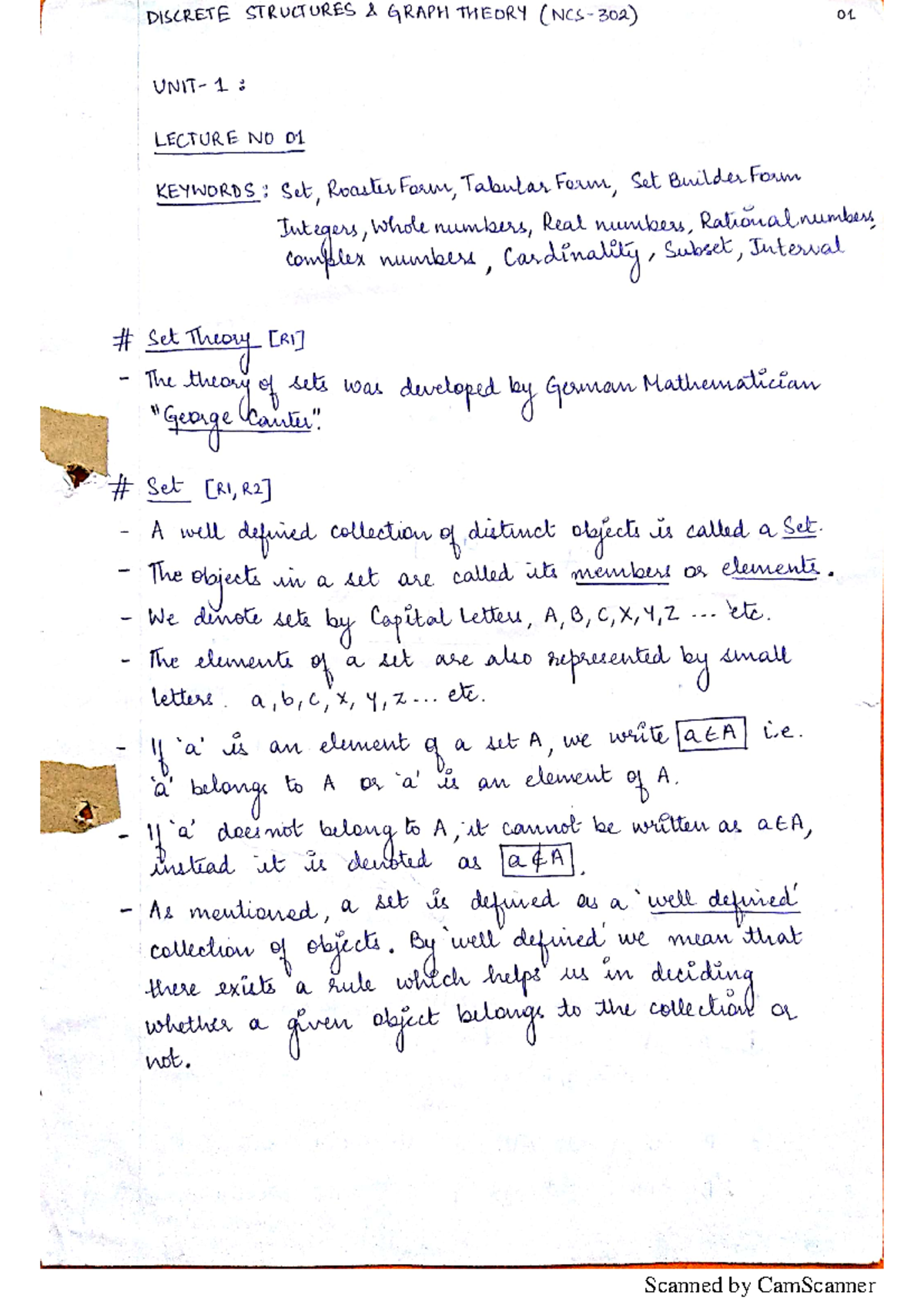 Dstl Unit 01 Part 01 Set Theory Discrete Structures Graph Theory 01 1 Lecture No 01 Keywords
