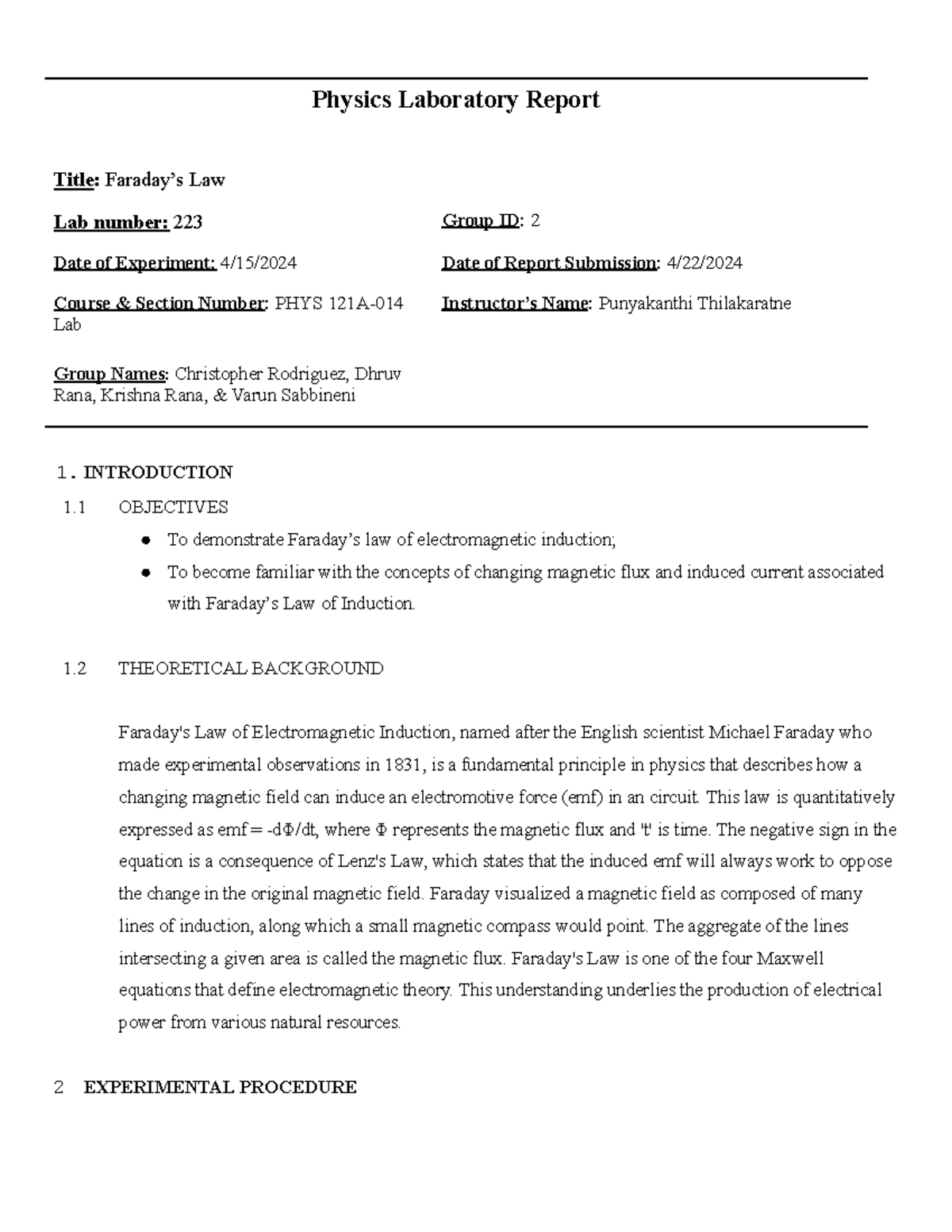 Lab 223 Faraday's Law - lab report - Physics Laboratory Report Title ...
