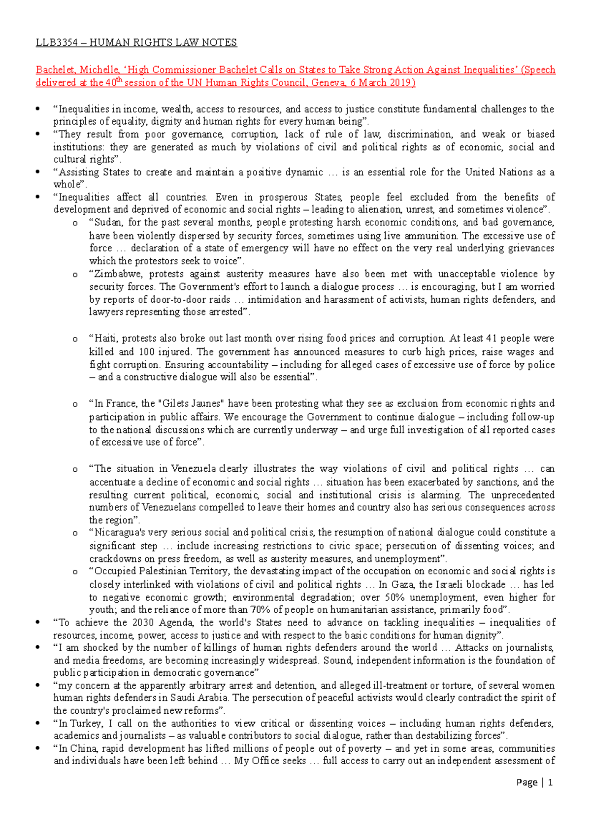 Human Rights LAW Notes - LLB3354 – HUMAN RIGHTS LAW NOTES Bachelet ...