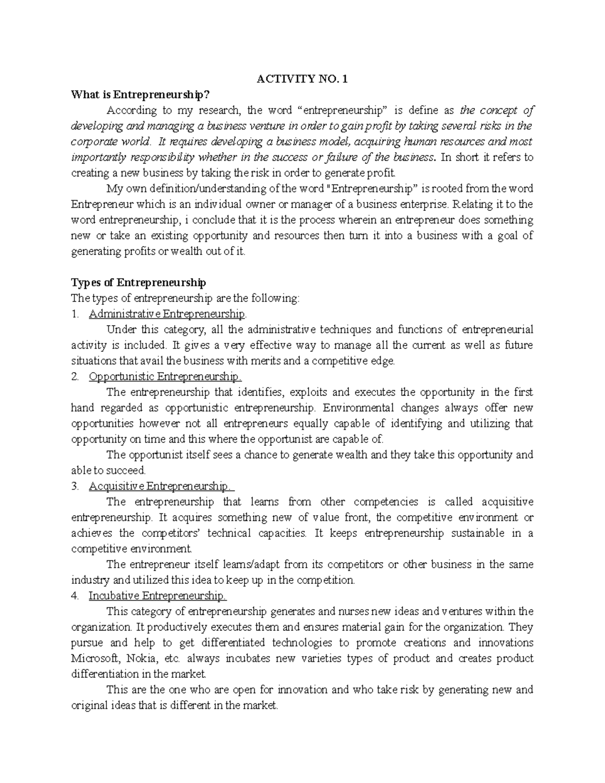Activity NO. 1 - THEORY - ACTIVITY NO. 1 What is Entrepreneurship ...