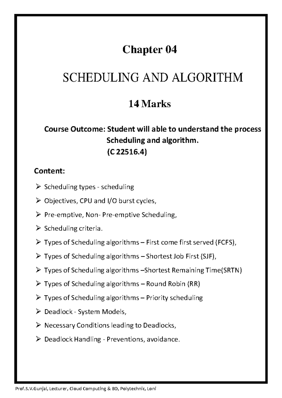 4 Cpu Scheduling And Algorithm Notes Chapter 04 Scheduling And Algorithm 14 Marks Course