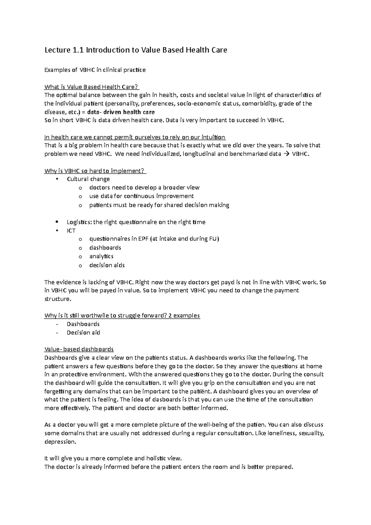 Summary VBHC - Lecture 1 Introduction to Value Based Health Care ...