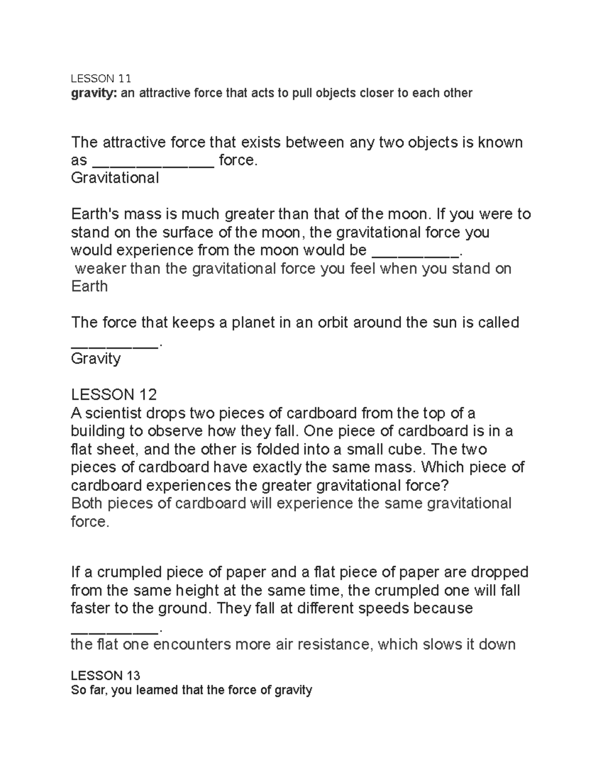 Force and motion lesson 11-14 - LESSON 11 gravity: an attractive force ...