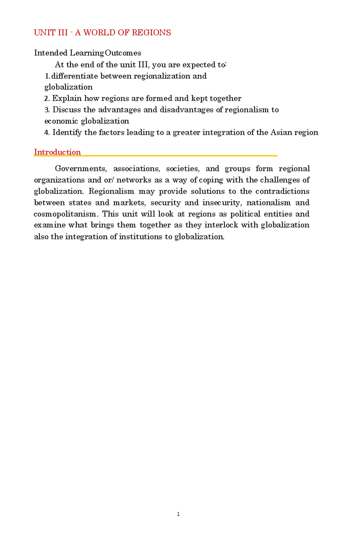 Contemporary Worlds Module Midterm - UNIT III - A WORLD OF REGIONS Intended LearningOutcomes At ...