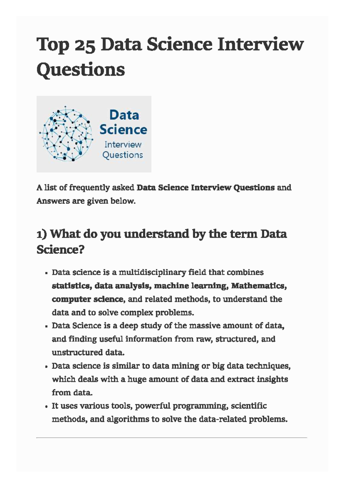 Data Science Interview Questions - data science - Studocu