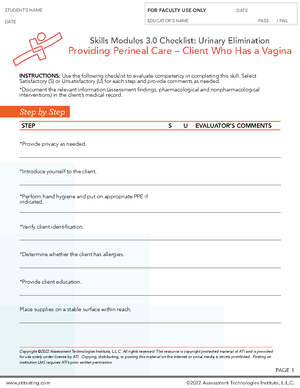 Skills Checklist Urinary Perineal Penis - atitesting ©2022 Assessment ...