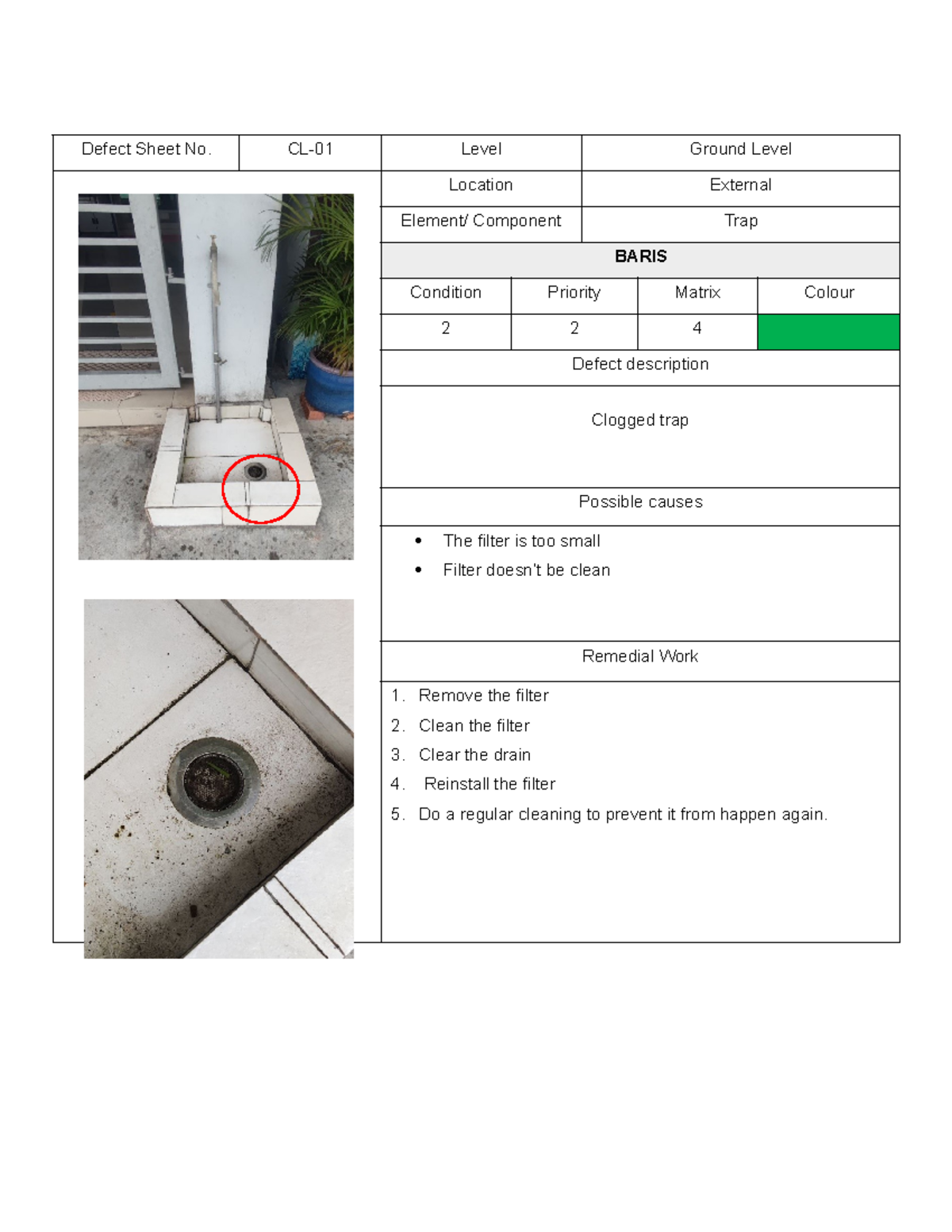 Defect Sheet + Remidialwork - Defect Sheet No. CL-01 Level Ground Level ...