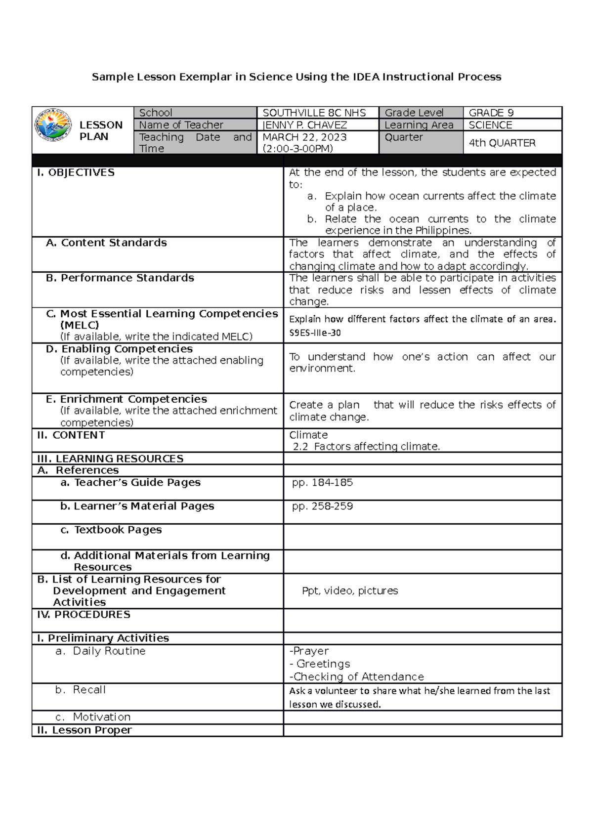 DEMO- Lesson- Exemplar-ocean currents - Sample Lesson Exemplar in ...
