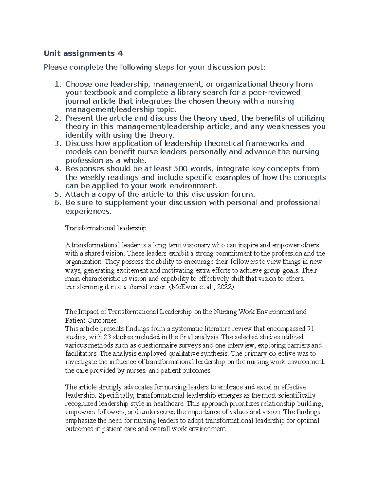 Theoretic foundation unit 4 - Unit assignments 4 Please complete the following steps for your ...