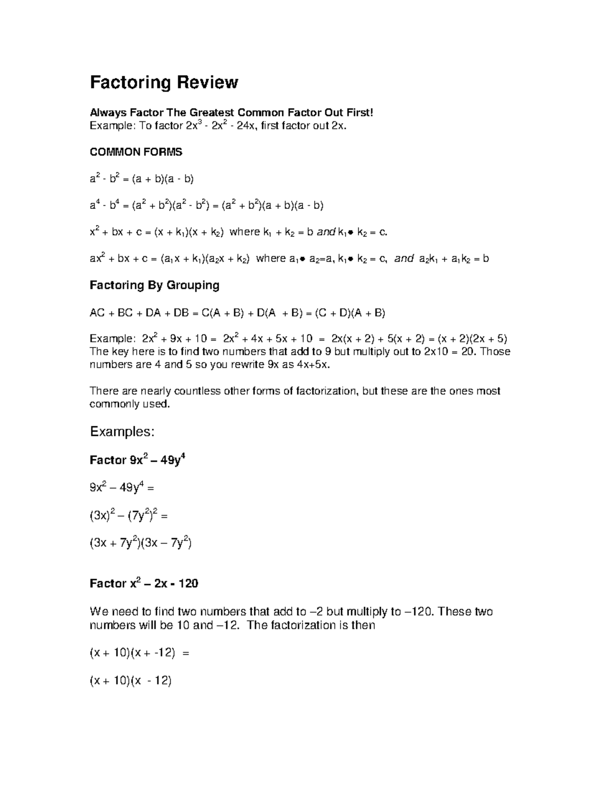 Factoring-Review - Lecture notes 8 - Factoring Review Always Factor The ...
