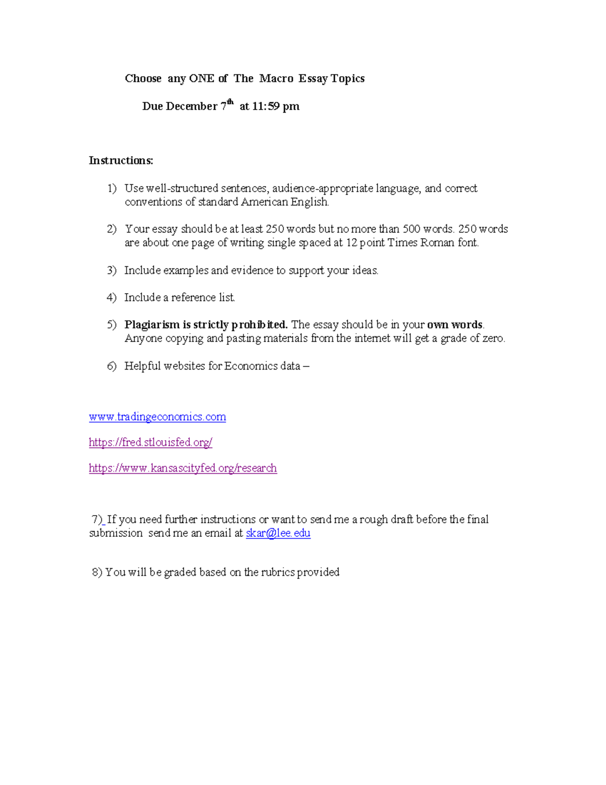 Macro Essay Topics Lee Fall 2019 - Choose any ONE of The Macro Essay ...