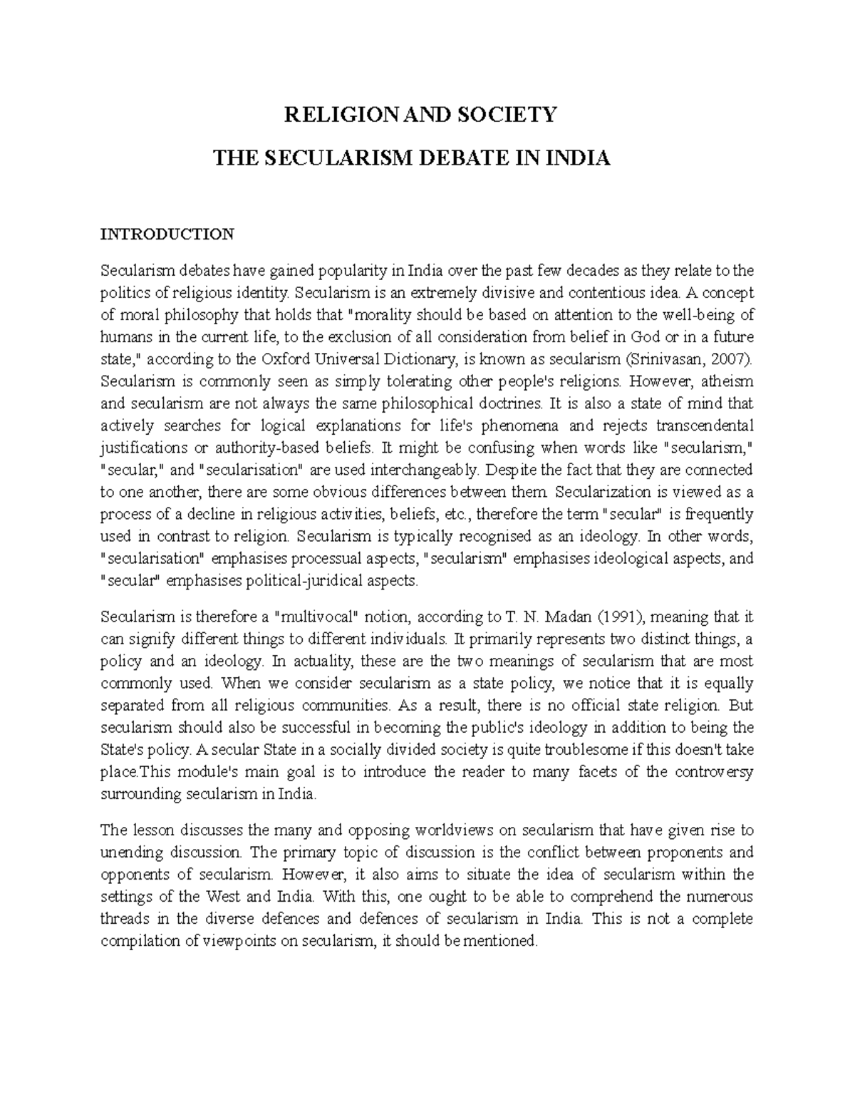 Religion AND Society THE Secularism Debate IN India - RELIGION AND ...