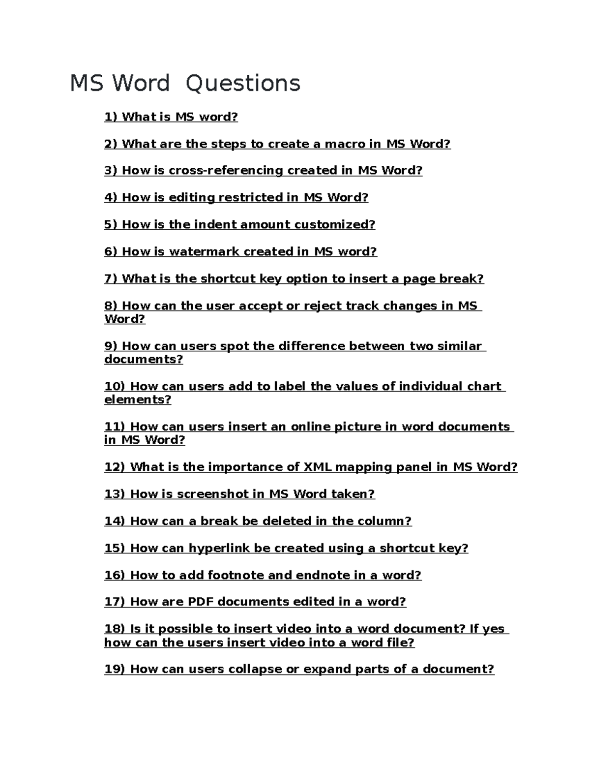 MS Word Questions - Studocu