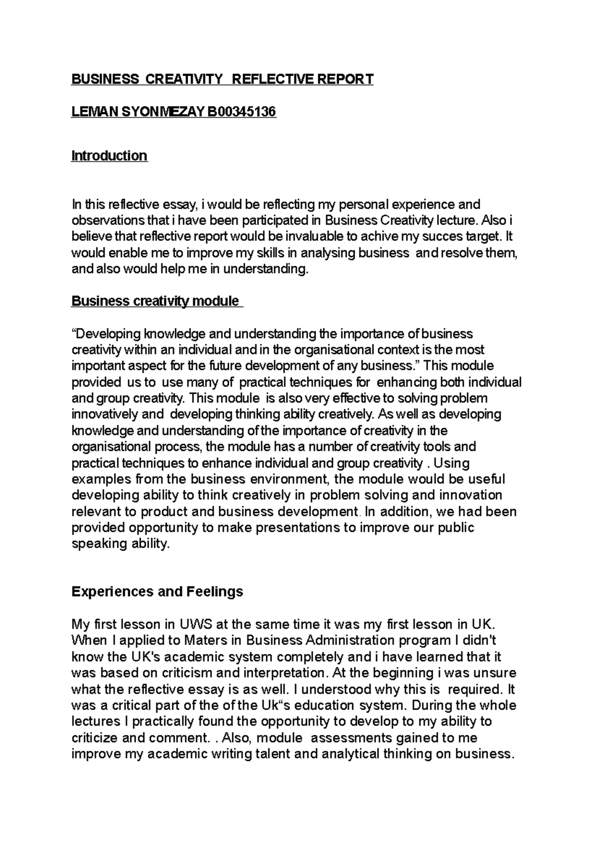 BC Reflective - Grade: 60 - BUSINESS CREATIVITY REFLECTIVE REPORT LEMAN ...