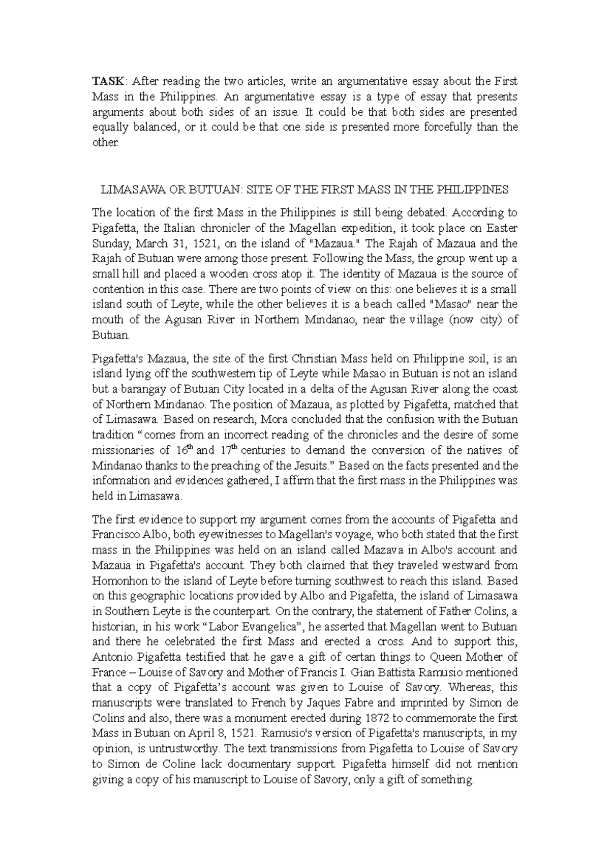 Limasawa OR Butuan - SITE OF THE First MASS IN THE Philippines - TASK ...