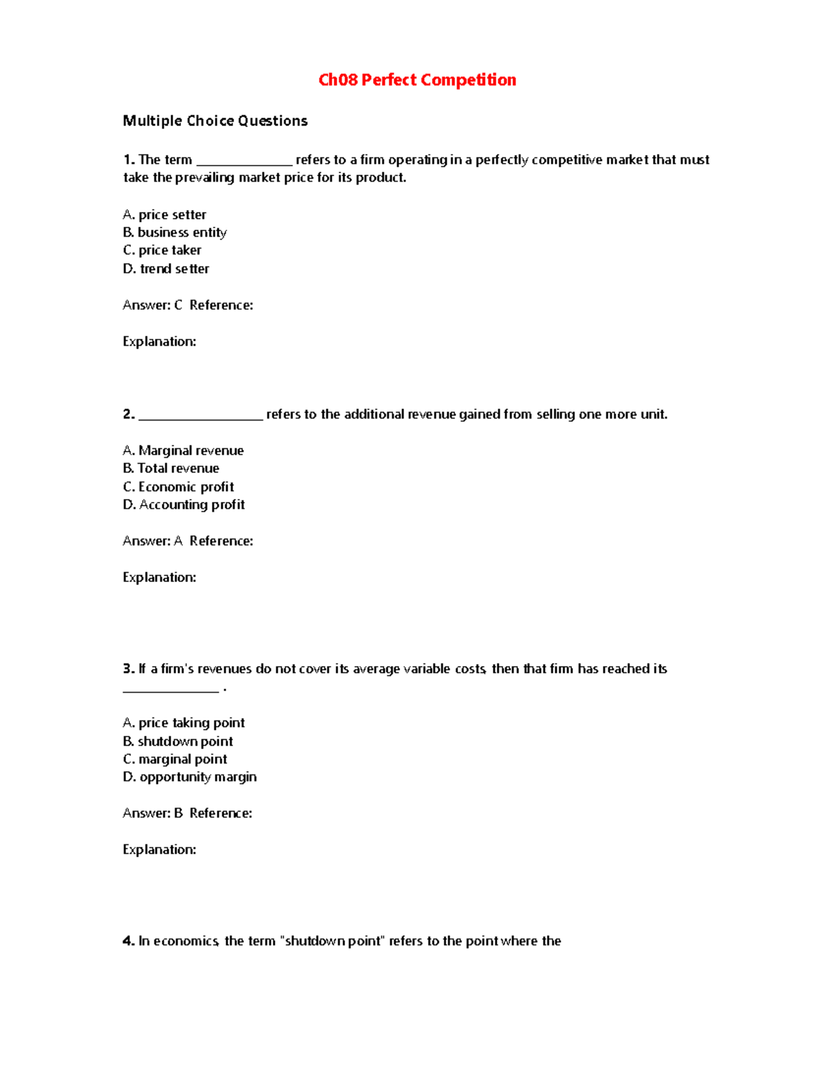 Ch08 Perfect Competition - Ch08 Perfect Competition Multiple Choice ...