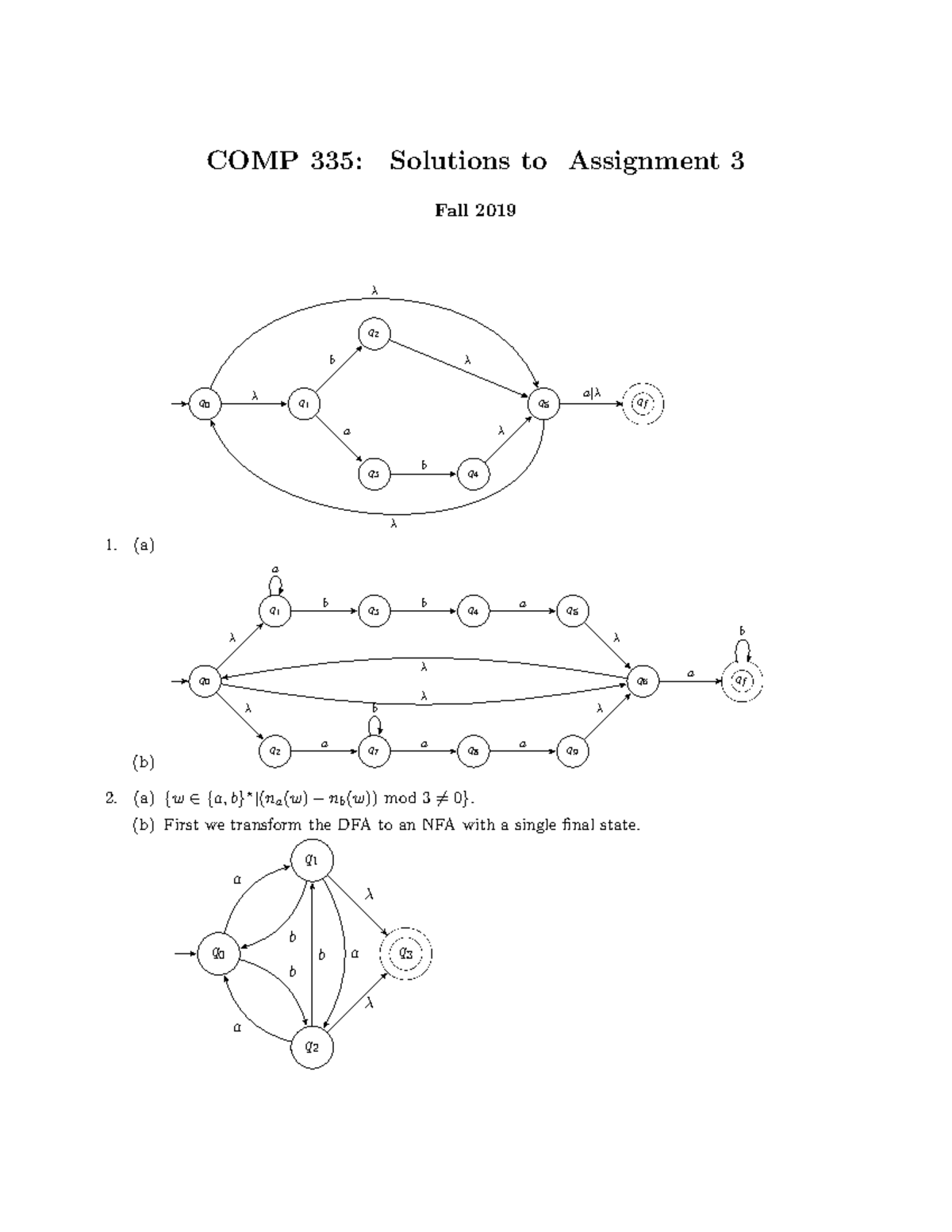 comp335 2019 Sol3 1 - COMP 335: Solutions to Assignment 3 Fall 2019 (a) q 0 q 1 q 2 q 3 q 4 λ q ...
