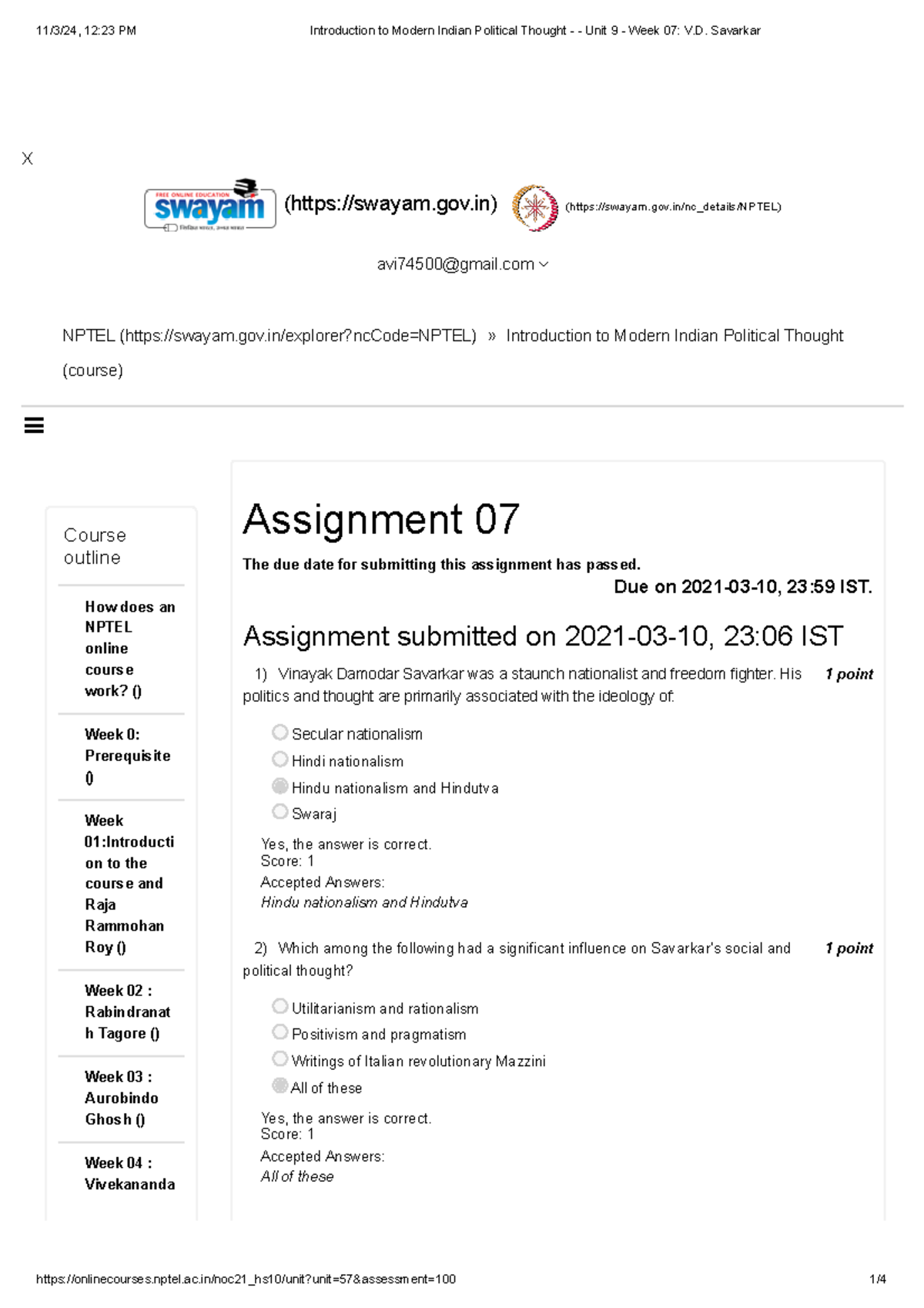 Introduction to Modern Indian Political Thought - Unit 9 - Week 07 V.D. Savarkar - X NPTEL - Studocu